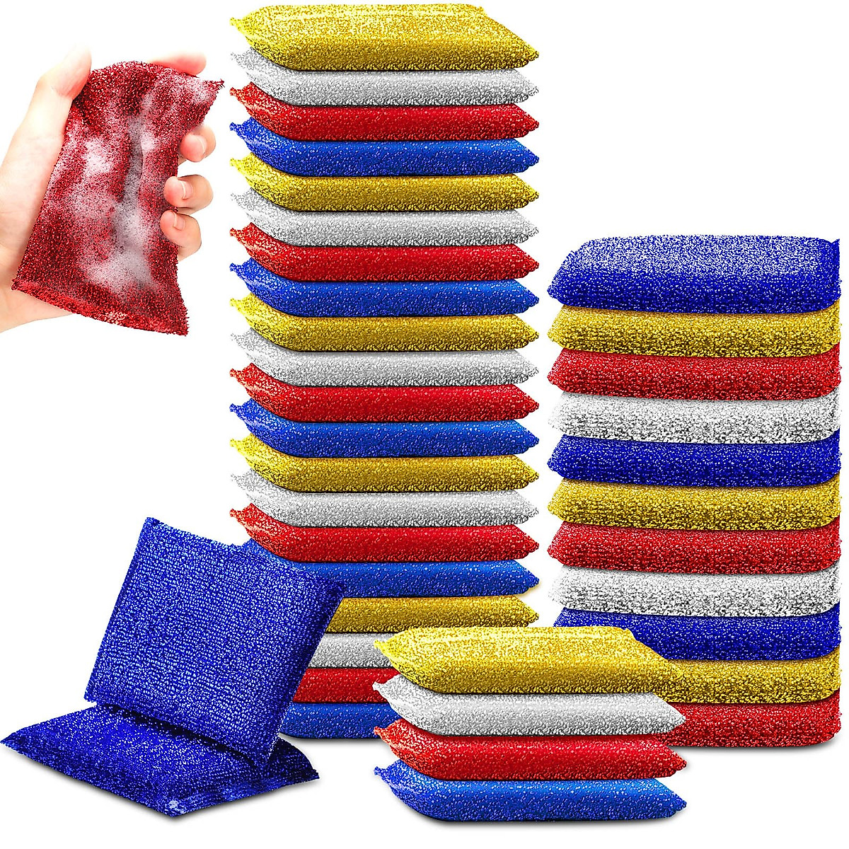 Dandat 40 Pack Steel Dish Sponge Bulk Scrub Sponge Multipurpose Kitchen Scrub Sponges Non Scratch Sponges for Household Cleaning, Dishes, Bathroom, Car, Gold Silver Blue Red
