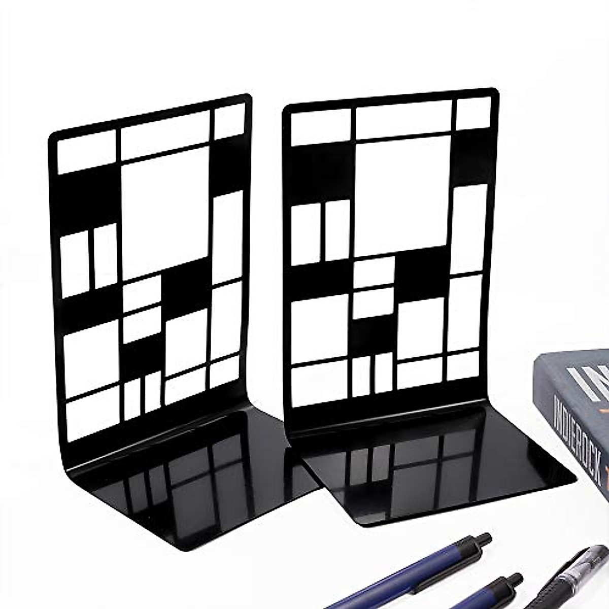 Book Ends, Bookends, Book Ends for Shelves, 3Pair Non Skid Metal Bookend for Heavy Books, Book Divider Decorative Holder, Abstract Art Design Book Stopper Supports for Office, Home