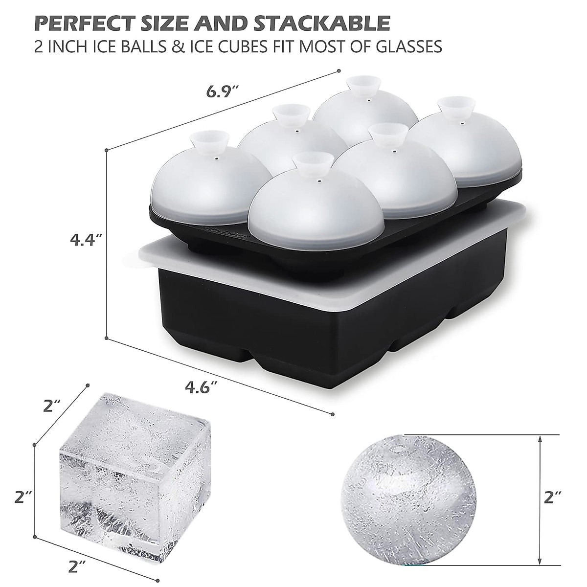 HONYAO Whiskey Cocktail Ice Mold, Easy Fill and Release Silicone Round Ice Ball Maker Mold Large Square Ice Cube Tray with Lid - 6 Ice Balls + 6 Ice Cubes Black