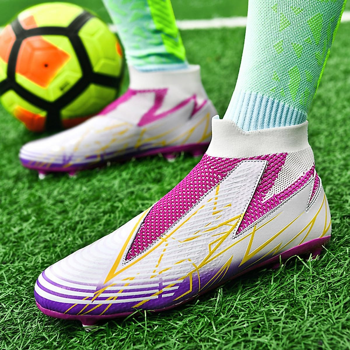 Mens Womens High-Top Soccer Cleats, Teen Football Training Shoes, FG/TF Athletic Shoes Competition & Training for Boys and Girls (Purple,10.5,Women,Men,Medium,9.5)