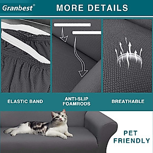 Granbest Water-Repellent Sofa Cover Luxury Thick Couch Covers for Dogs Stylish Jacquard Pattern Stretch Sofa Slipcover Non Slip Furniture Protector with Foam Sticks(Large,Gray)