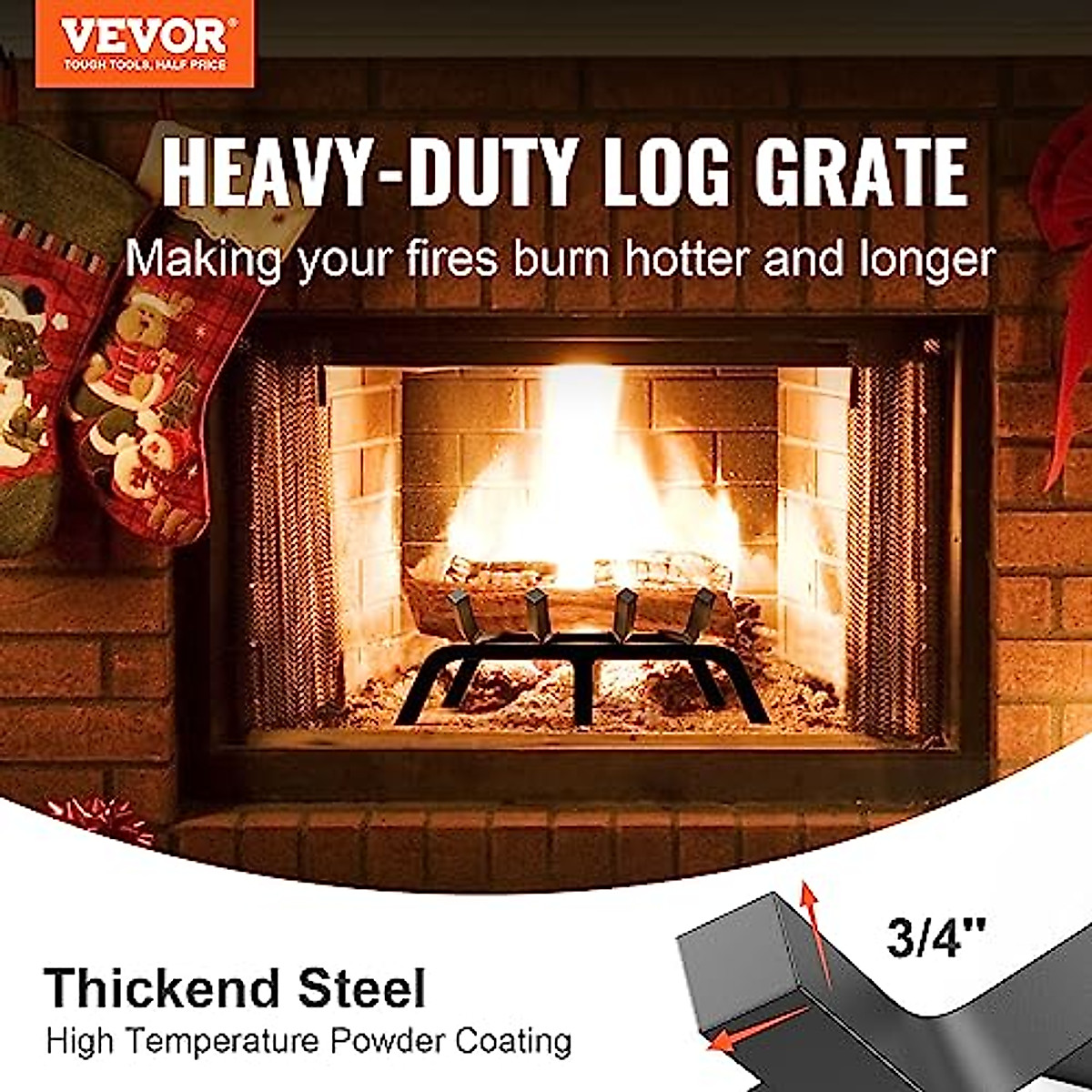 VEVOR Fireplace Grate, 18 inch Heavy Duty Fireplace Pit Grill Grate with 6 Support Legs, 3/4'' Solid Powder-Coated Steel Bars, Fire Logs Firewood Burning Rack Holder for Indoor and Outdoor Fireplace