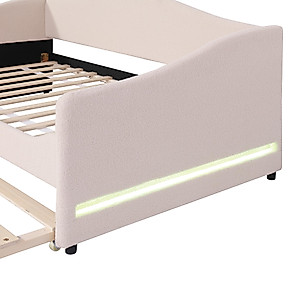 ACQCA Twin Size Upholstered Daybed with Trundle and LED Light, Teddy Fleece Day Bed Frame with Solid Wood Slats for Guest Room,Apartment,No Spring Box Needed, Easy Assembly, Beige 1