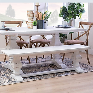 Linon Larson Solid Pine Wood Double Pedestal Dining Bench in Distressed White