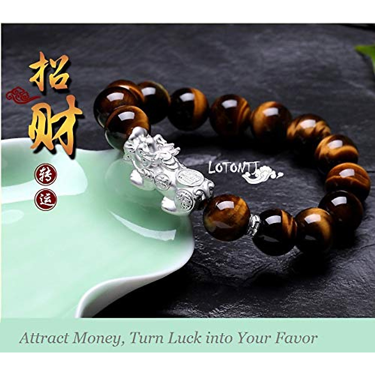 LOTONTJ Pixiu Bracelet Natural Tiger Eye Stone Tibetan Pure Silver Pi Yao Feng Shui Wealth Bracelet Healing Chakra Gemstone Evil Eyes Jewelry Crystal Amulet Attract Money Good Luck Windfall,12mm