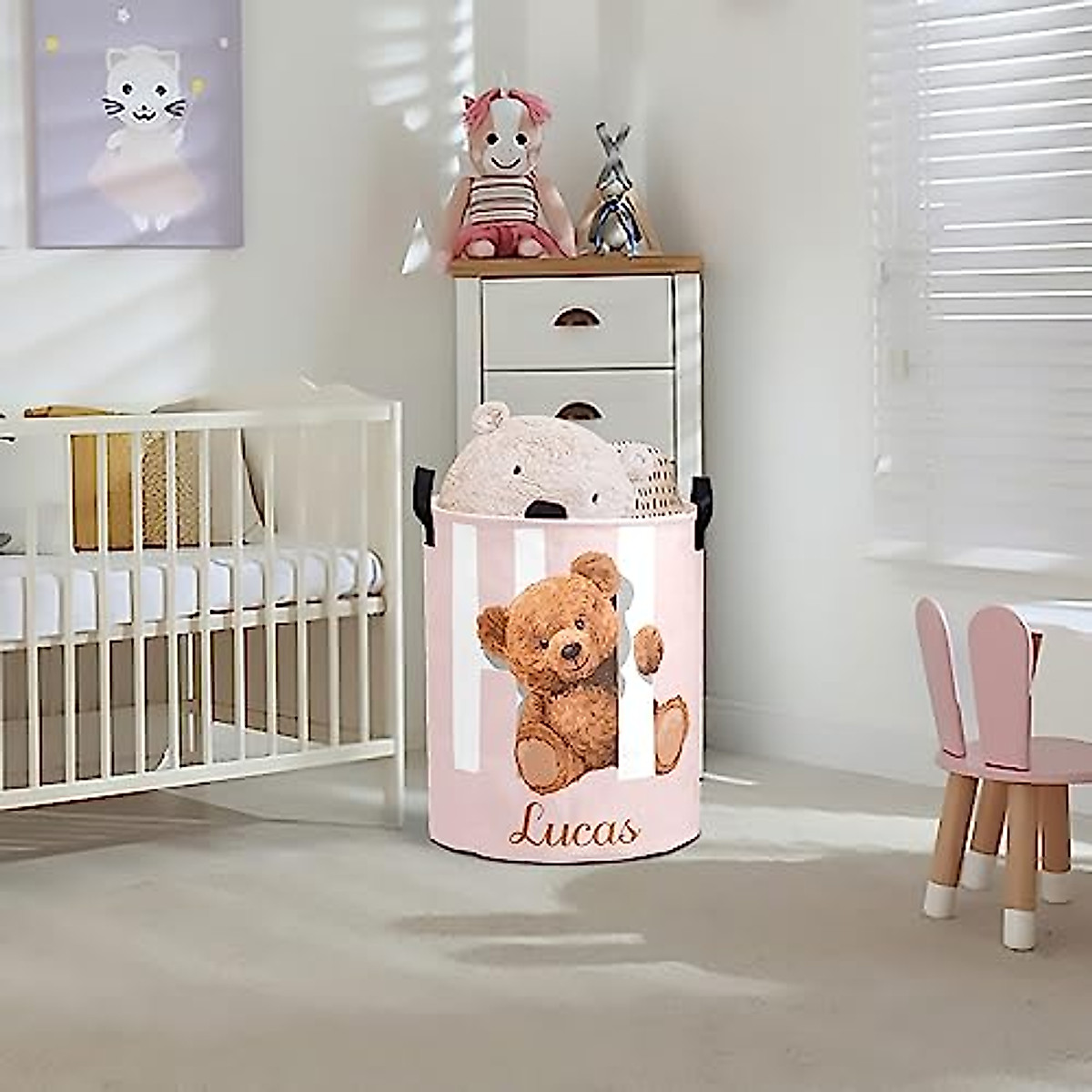 Meet Pink Teddy Bear Personalized Freestanding Laundry Basket Clothes Hamper Waterproof,Custom Laundry Collapsible Storage Bins Toys Baskets with Handle for Bedroom Bathroom