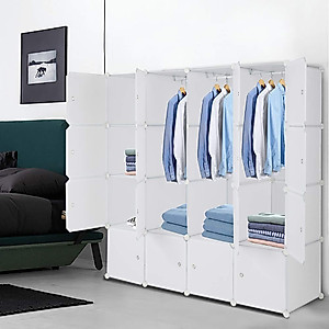 Maximize Home Organization with Stackable Modular Shelving Closet Organizer Plastic Storage Cubes with Hanging Rod and Wardrobe Cabinet - White Doors