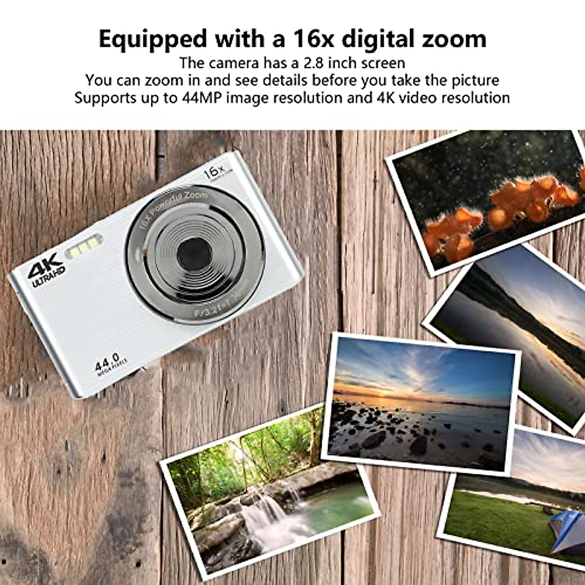 16x Digital Zoom Camera, 2.8 inch Screen, HD Camera, 44 Megapixels, 4k Video Resolution, Built in Fill Flash, USB Data Transfer, Can be Used for Life Home (Silver)