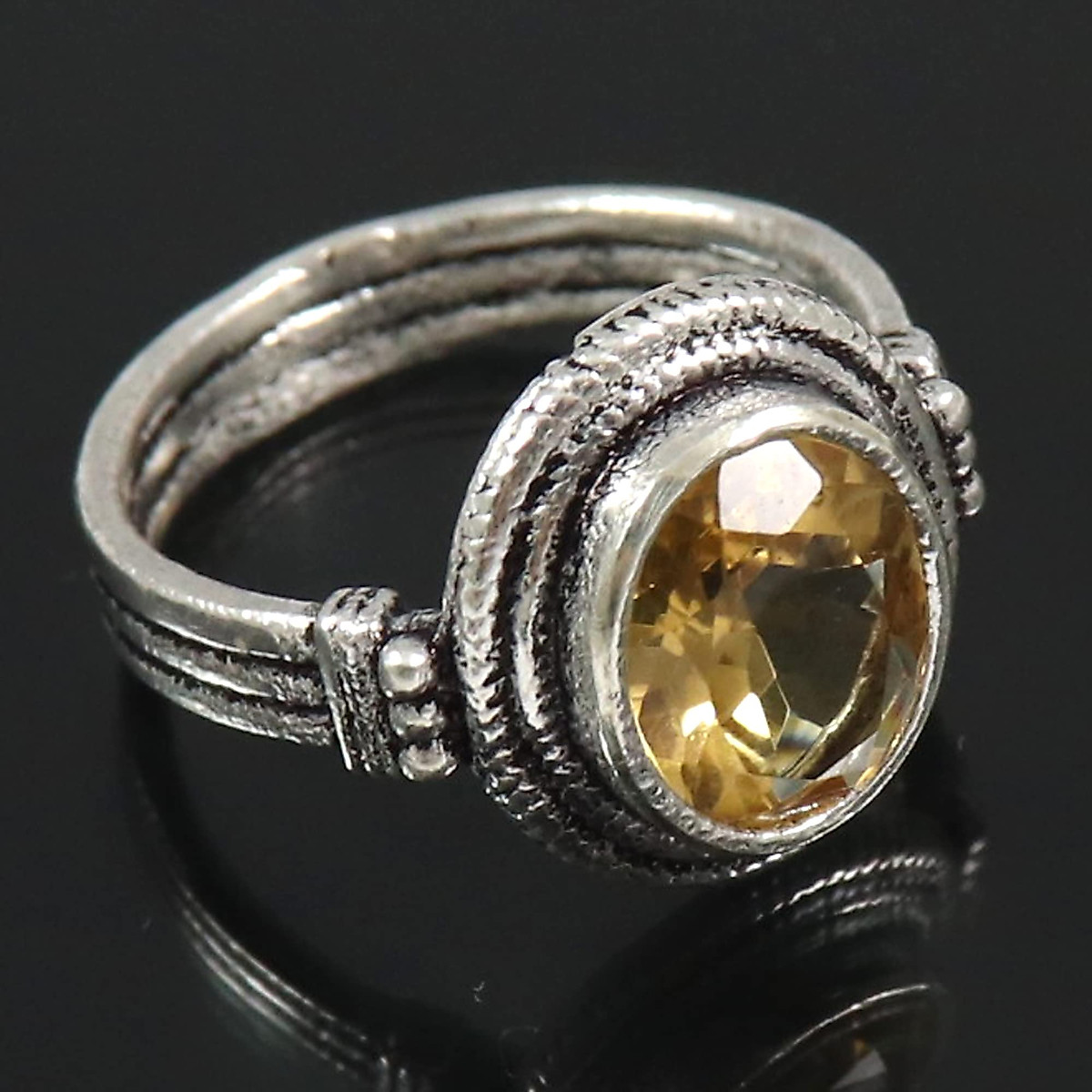 Citrine Faceted Gemstone Silver Band Ring for Women Solid 925 Sterling Silver Ring Handmade by Goyal Exports SRG354A (US-3)