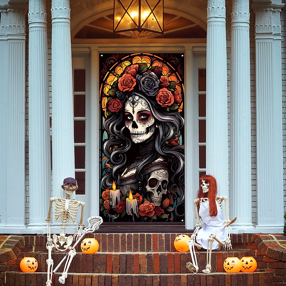 Day of The Dead Door Cover Dia De Los Muertos Backdrop Sugar Skull Rose Altar Mexican Fiesta Party Decorations and Supplies for Home
