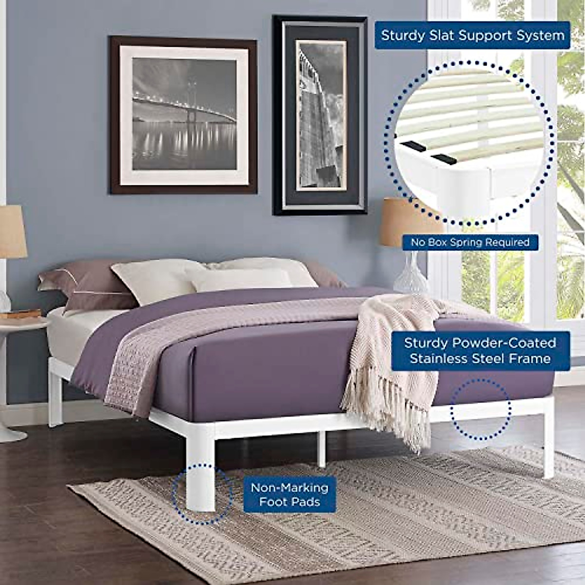 Modway Corinne Steel Modern Mattress Foundation Full Bed Frame with Wood Slat Support in White