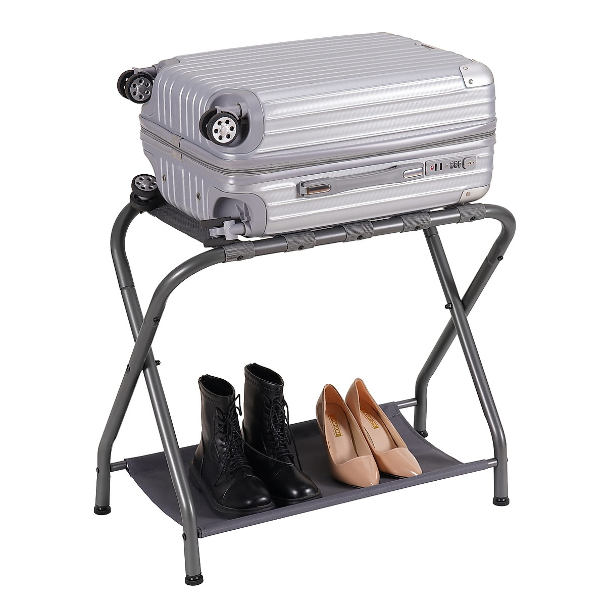 Heybly Luggage Rack,Pack of 2,Steel Folding Suitcase Stand with Storage Shelf for Guest Room Bedroom Hotel,Gray,HLR002G2