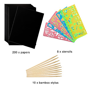 ZEAYEA 200 Pcs Scratch Paper Art Set, Scratch Off Rainbow Magic Paper with 10 Stylus, 8 Stencils, Black Scratch Notes for Boys and Girls DIY Crafts Christmas Birthday Gift Cards