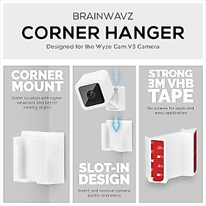 BRAINWAVZ Screwless Corner Mount for Wyze Cam v3 & v4, VHB Stick On - Easy to Install, No Tools Needed, No Mess, No Drilling, Strong Adhesive Mount, White