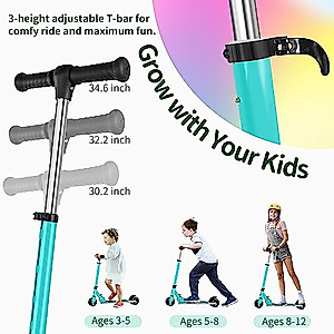 BELEEV Scooters for Kids Ages 3-12 with Light-Up Wheels & Stem & Deck, 2 Wheel Folding Scooter for Girls Boys, 3 Adjustable Height, Non-Slip Pattern Deck, Lightweight Kick Scooter for Children (Aqua)