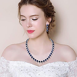 EleQueen Women's Silver-Tone Full Prong Cubic Zirconia Teardrop Bridal Necklace Earrings Set Sapphire Color