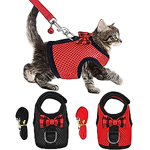 Kathson 2PCS Cat Harness Leash for Walking Escape Proof, Adjustable Buckle Breathable Mesh Vest Soft Pet Harness for Cats Rabbit Hamster (Red,Black, M)