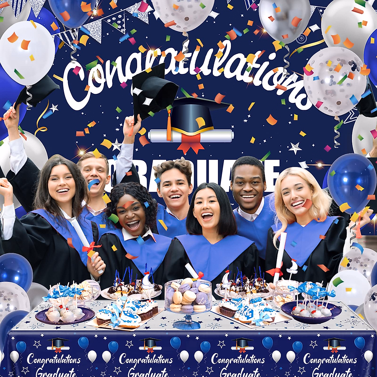 Graduation Decorations Class of 2024, Navy Blue Graduation Decorations, Graduation Party Decorations 2024 with Congratulations GRADUATE Backdrop Banner Balloons Tablecloths for Nurse College Preschool