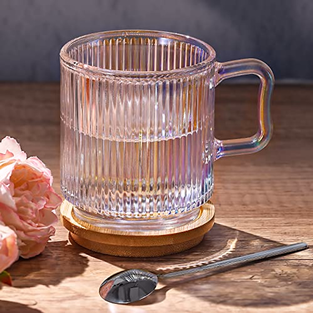 LETINE Iridescent Glass Coffee Mug with Lids (12.5 oz) - Insulated Coffee Mugs Tea Cup with an Espresso Spoon. Perfect for Latte, Cappuccino, Tea. Gift for Women & Men in Birthdays, Holidays