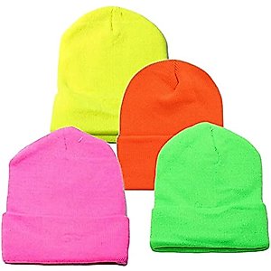 OPT Brand. Wholesale 4 Pieces Unisex Knit Long Cuff Ski Plain Neon Beanie Cap Solid Color Beany (Assorted Colors)