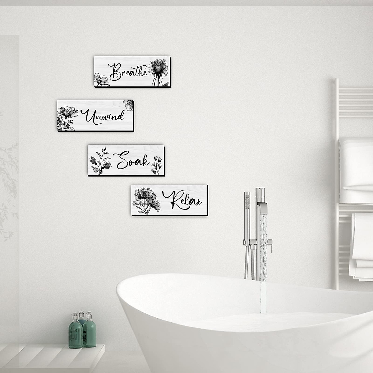 4 Pieces Bathroom Wall Art Rustic Farmhouse Decor Sign Relax Soak Unwind Breathe Wood Hanging Sign for Home Spa Bathroom Laundry Decor