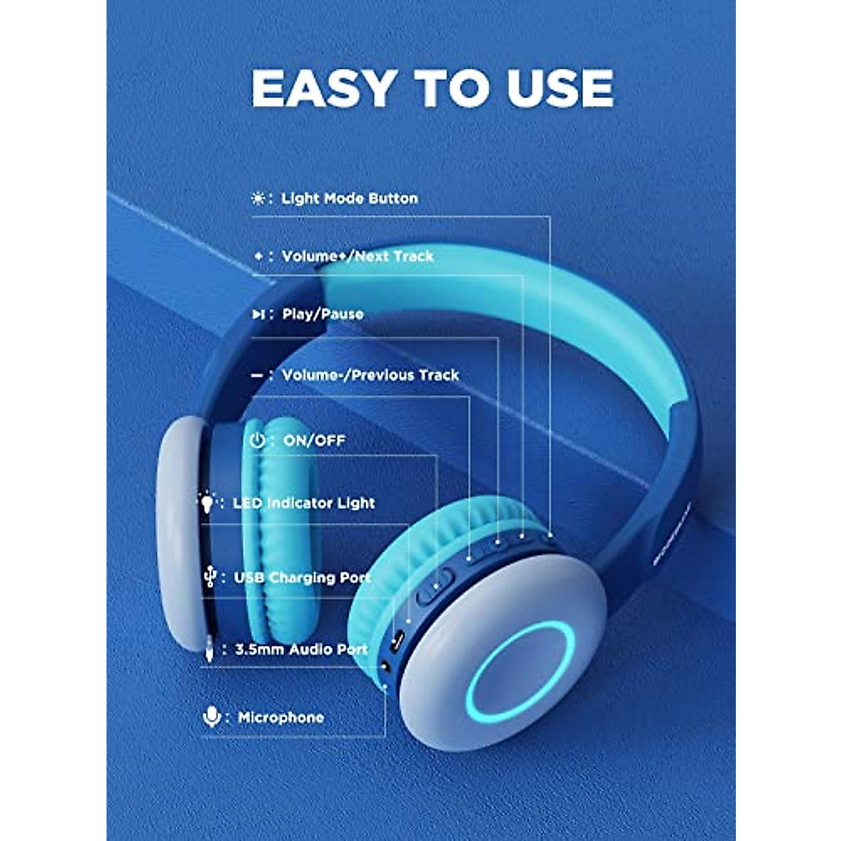 BIGGERFIVE Kids Wireless Bluetooth Headphones with 7 Colorful LED Lights, 50H Playtime, Microphone, 85dB/94dB Volume Limited, Foldable On Ear Headphones for School/Girls/Boys/iPad/Fire Tablet, Blue