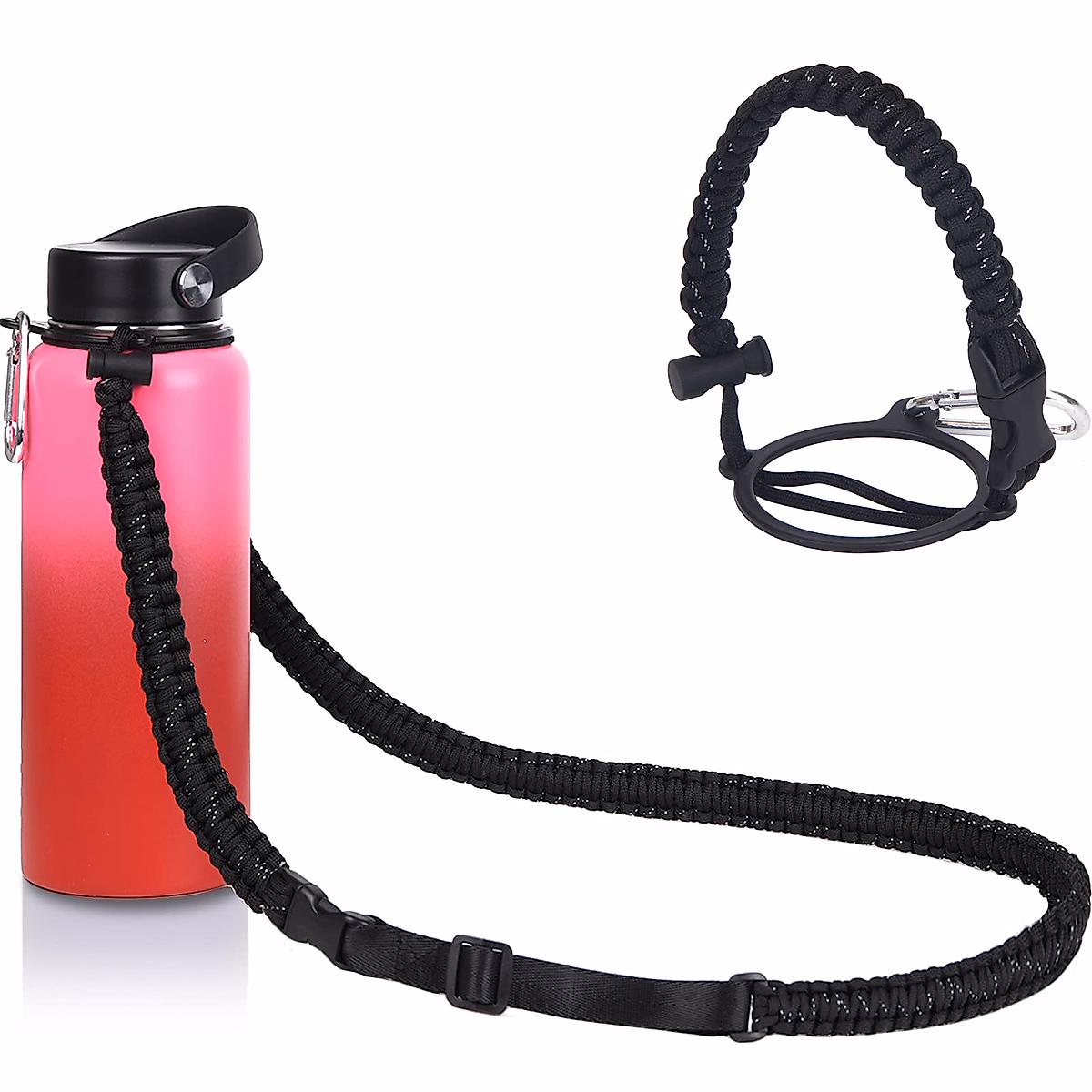 iLVANYA Paracord Handle with Adjustable Shoulder Strap -Compatible with Hydro Flask Wide Mouth Water Bottles -Sports Water Bottle Accessories for Men Women Hiking Travelling Camping (Black)