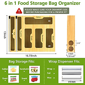 Lawmoliw Bag Storage Organizer for Kitchen Drawer, 6 in 1 Foil and Plastic Wrap Dispenser with Cutter, Bamboo Plastic Bag Food Baggie Organizer for Gallon, Quart, Sandwich, Snack