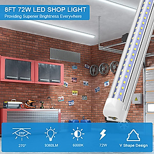 SHOPLED 8FT LED Shop Light Fixture, 72W 9360 LM 6000K Cool White,High Output Tube Light, Double Sided V Shape T8 8 Foot LED Bulbs for Cooler, Garage, Warehouse, Clear Cover (1 Pack)