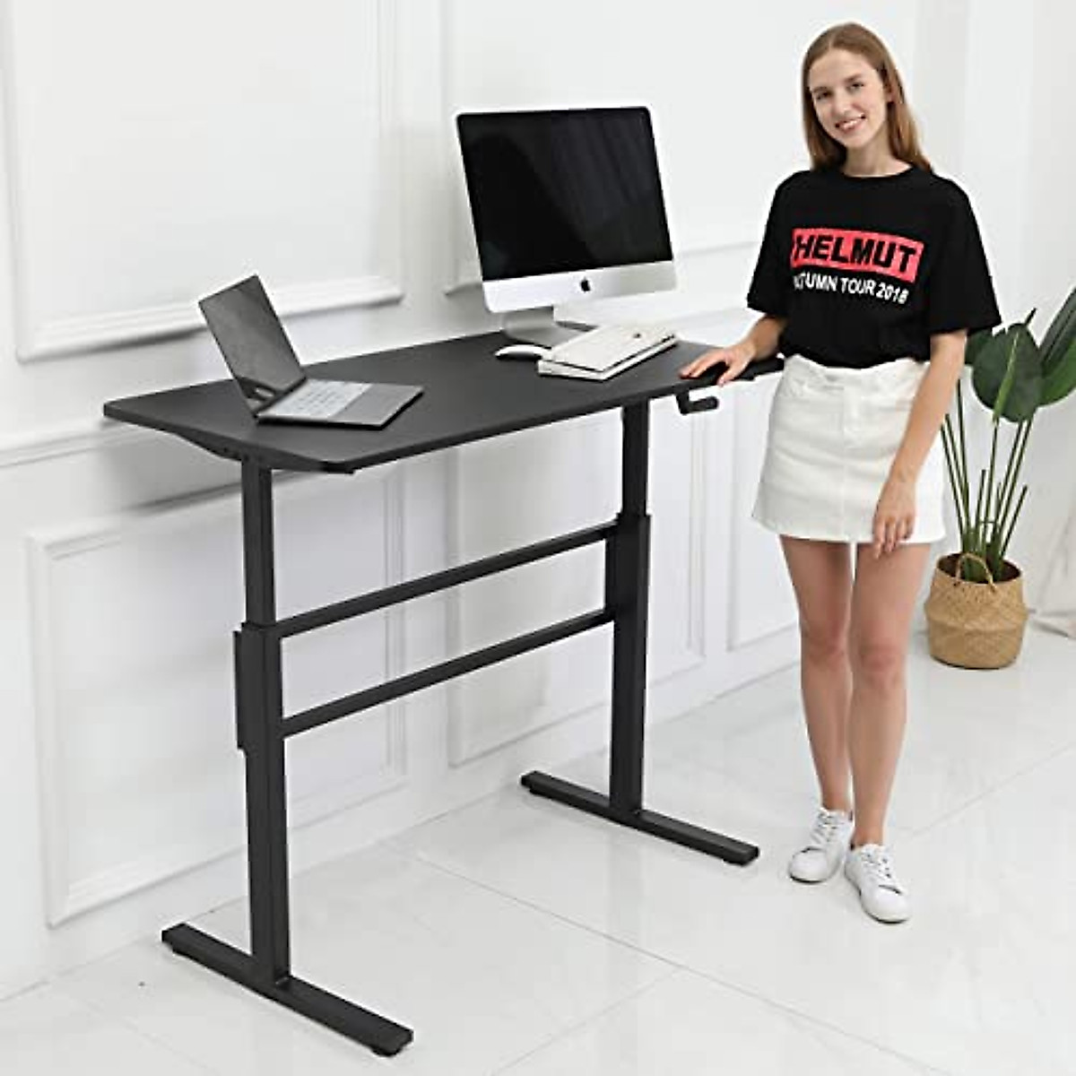 SDADI Crank Adjustable Height Standing Desk - Sit to Stand up Desk, Home Office Desk Computer Workstation, Black Frame/Black Top