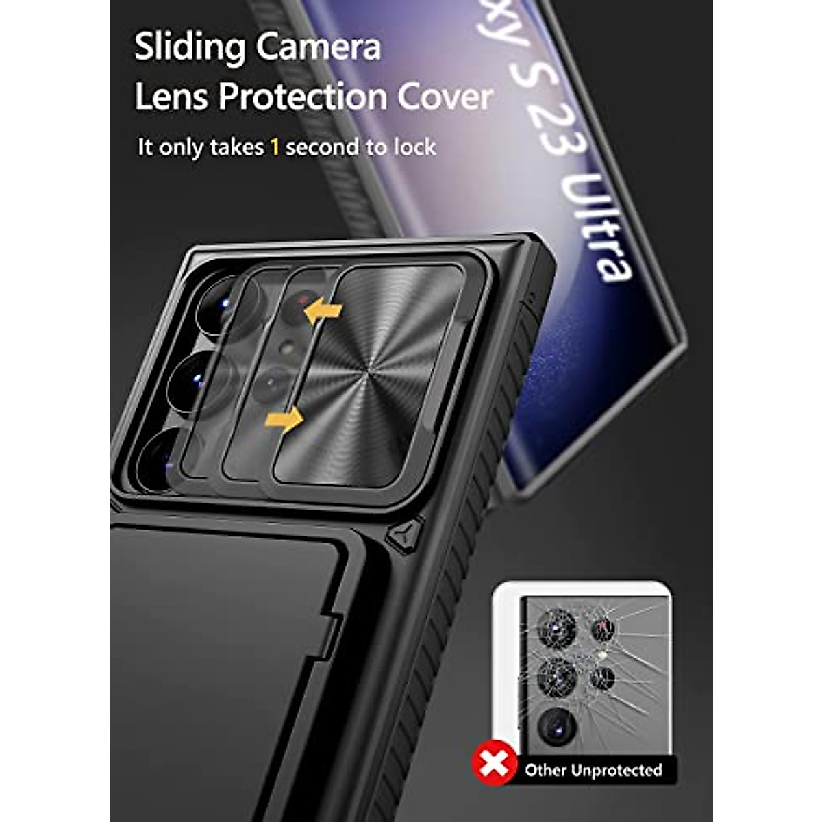 Vihibii Case with Card Holder (4 Cards) & Sliding Camera Cover & Kickstand, Shockproof Rugged Hard Back & TPU Edge Wallet Case for Samsung Galaxy S23 Ultra 5G 6.8" 2023 , Black