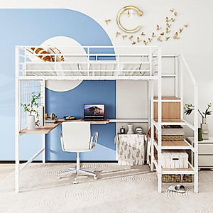 DNYN Stairway Full Size Loft Bed with Desk(L Shaped) & Storage Shelves & Wardrobe Design for Kids/Teen/Adults,Sturdy Metal Bedframe w/Safety Guardrails,Super Save Space & No Box Spring Needed, White