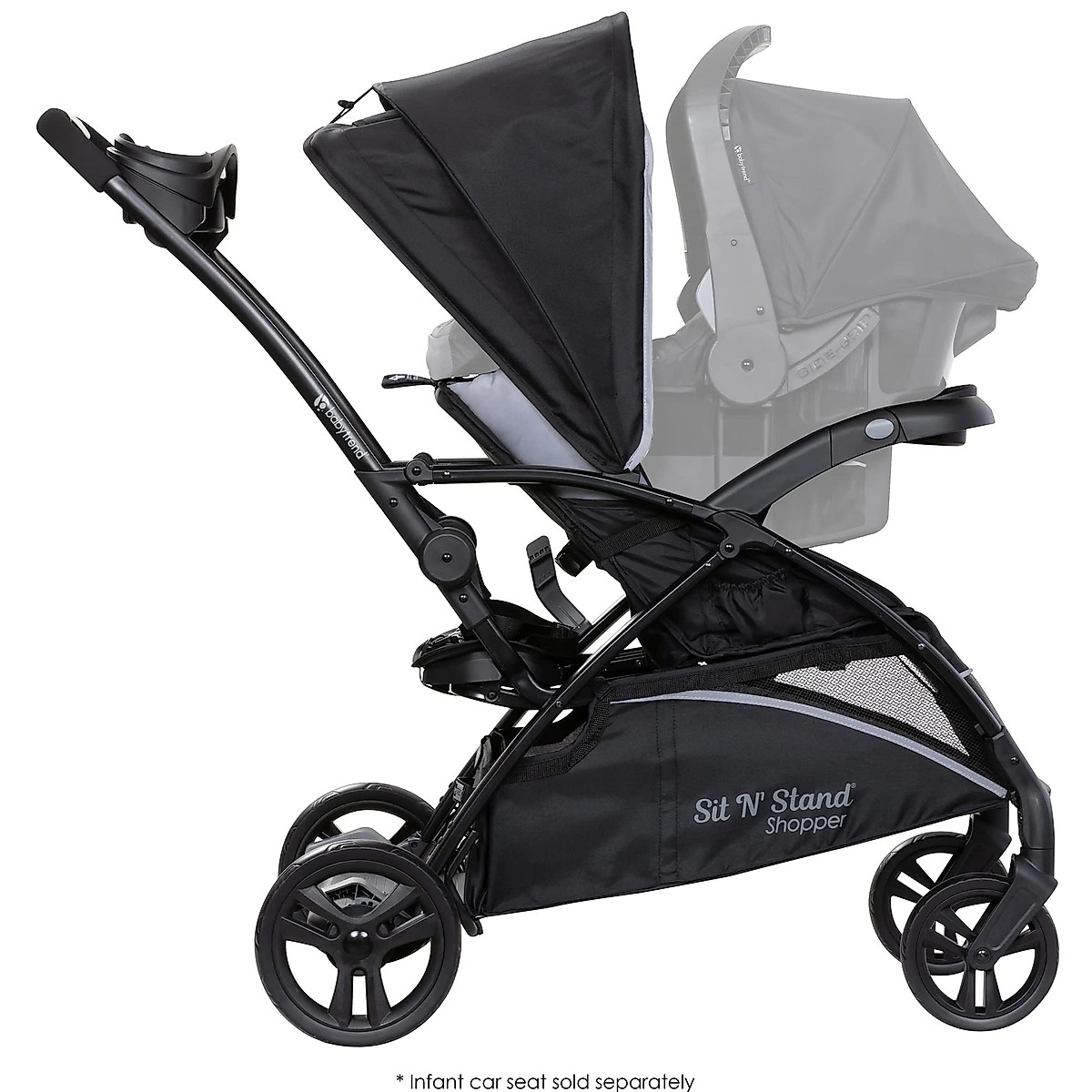 Baby Trend Sit N' Stand 5-in-1 Collapsible Kids Shopper Stroller with Shaded Canopy Visor, Extendable Storage Basket, and 2 Cup Holders, Stormy