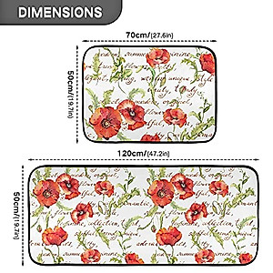 Emelivor Poppy Flowers Summer Kitchen Rugs and Mats Set 2 Piece Non Slip Washable Runner Rug Set of 2 for Kitchen Floor Home Sink Ladunry Office