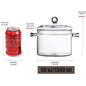 Glass Cooking Pot, 1.5L/50 OZ Glass Saucepan with Cover, Transparent Heat Resistant High Borosilicate Glass Stovetop Pot and Pan with Lid, Easy Grip Handles, Safe for Pasta Noodle (50OZ/1.5L)