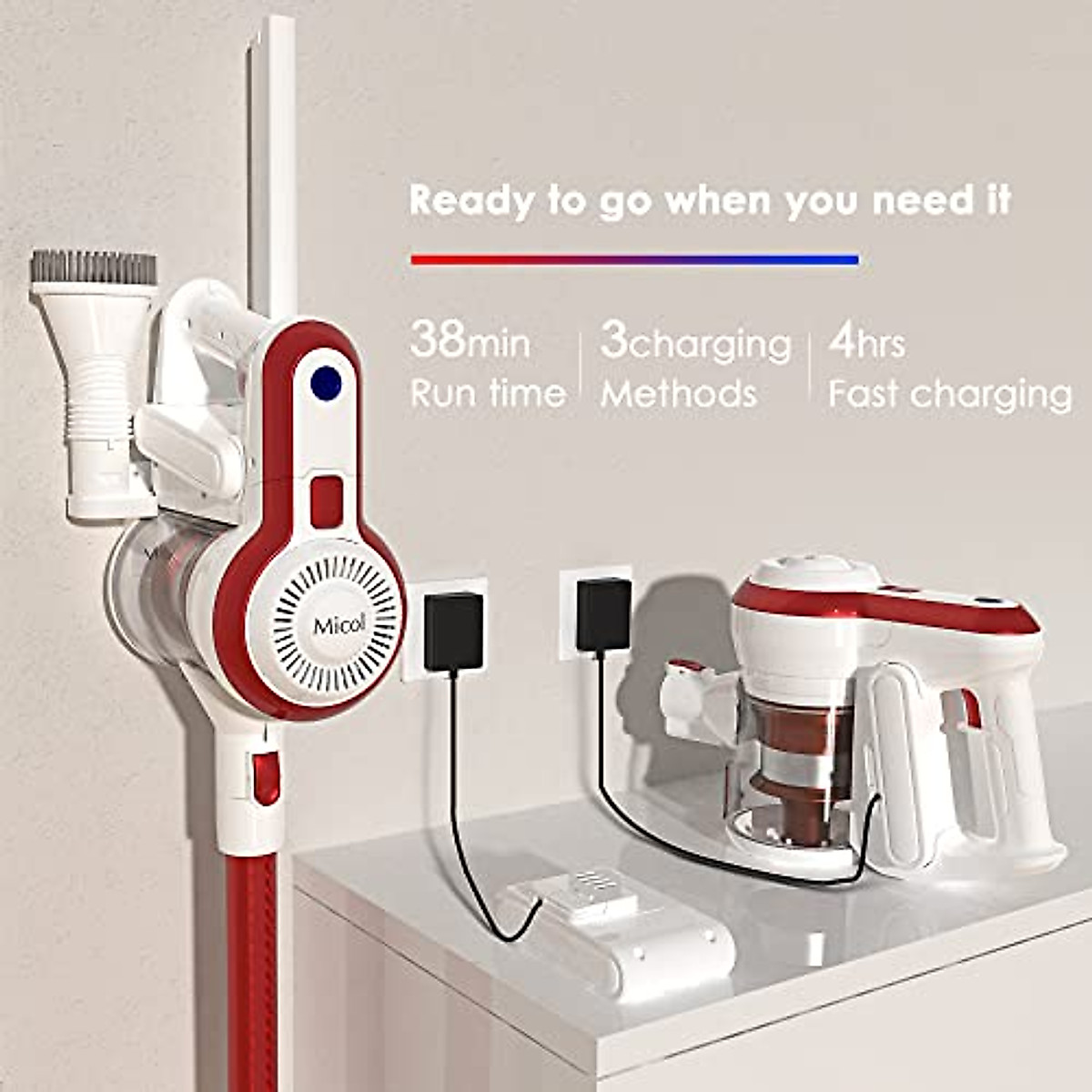 Micol Cordless Vacuum Cleaner, Lightweight Stick Vacuum with 2 Modes Powerful Suction, Max 38mins Runtime, Detachable Battery, 6 in 1 Household Vacuum Cleaner for Home Hard Floor Carpet Pet Hair Car