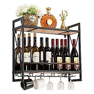 Hadulcet Industrial Wall Mounted Wine Rack, 2-Tier Wood Wine Bottle Shelf with 5 Stem Glass Holders for Wine Glasses, Mugs, and 2 Metal Baskets for Storage, Vintage Oak
