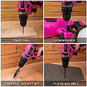 Pink Cordless Drill Set, 20V Lithium-ion Power Drill Set for Women with 67Pcs Drill Driver Bits, 3/8"Keyless Chuck, 25+1 Position Electric Drill, 2.0Ah Battery, Fast Charger and Storage Bag Included