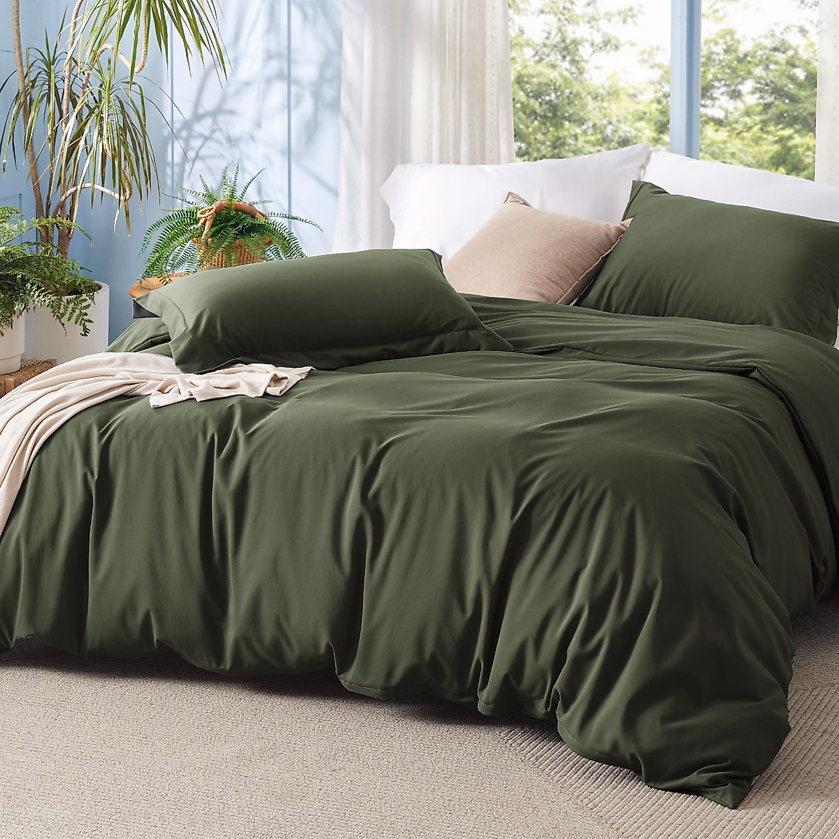 Bedsure Olive Green Duvet Cover King Size - Polyester & Rayon Derived from Bamboo Cooling King Duvet Cover Set, 3 Pieces, 1 Zipper Closure Duvet Cover (104"x90") & 2 Pillow Shams, No Comforter