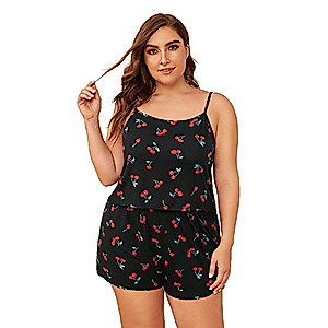 Floerns Women's Plus Size Cherry Print Cami Top and Shorts Pajama Sets A-Black 2XL