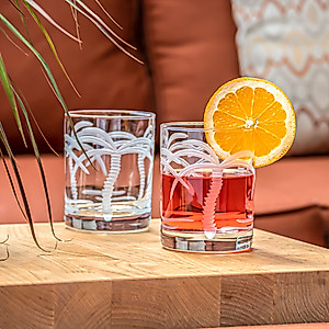 Rolf Glass Palm Tree Double Old Fashioned Glass 13 ounces | Engraved Whiskey Glasses | Lead-Free Tumbler Glass | Proudly Made in the USA (Set of 4)