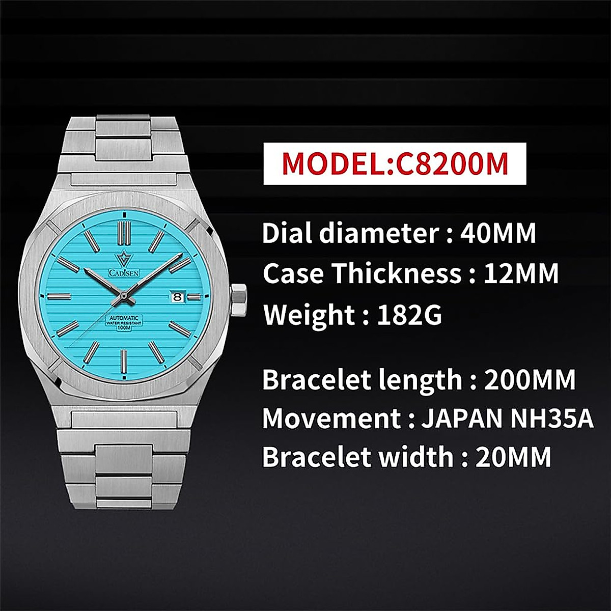 CADISEN Design Men Watches Mechanical Automatic Watch 100M Waterproof Brand Luxury Wristwatch (Light Blue)