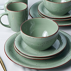 Sinouso 16 Piece Stoneware Dinnerware Set, Dinnerware Set for 4, Plates and Bowls Sets, Plates, Bowls, Cups, Microwave Dishwasher Safe, Service for 4 (Green Dot)