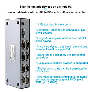 DTech Serial Splitter 8 Port Industrial RS232 Expander COM Port Switch Box with Power Adapter for Sharing PCs and Capture Data - 1x8