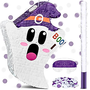 4 Pcs Halloween Ghost Pinata Set 17.7 x 13.7 Inch Cute Ghost Pinata with Stick Blindfold and Confetti for Halloween Birthday Party Game Supplies Decoration