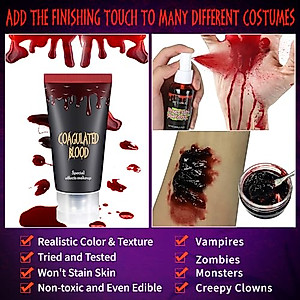 Fake Blood Washable, Fake Blood Makeup Kits- Fake Blood Spray(50ml), Fake Coagulated Blood (30g),Stage Blood(60ml),Halloween Makeup for Clothes,Face,Body Paint,Vampire,Zombie,Clown,Monster,Consumes