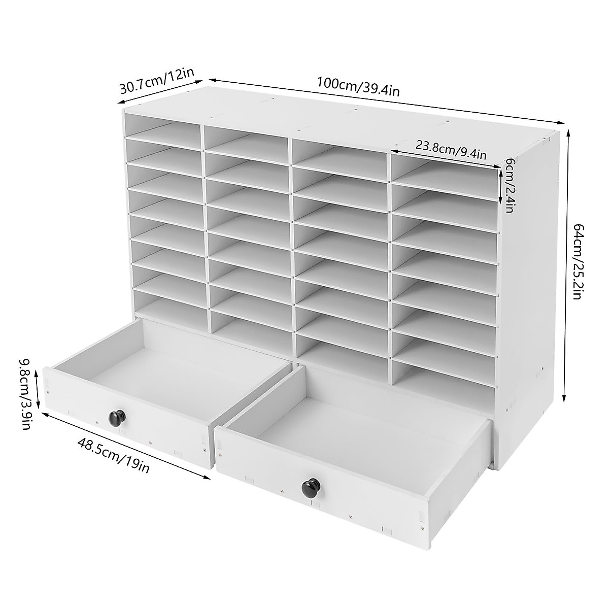 Literature Organizers 32 Compartment with 2 Drawers Office Mailbox with Adjustable Shelves 8-Tier Wood Literature Sorter for Office Home Classroom Mailrooms