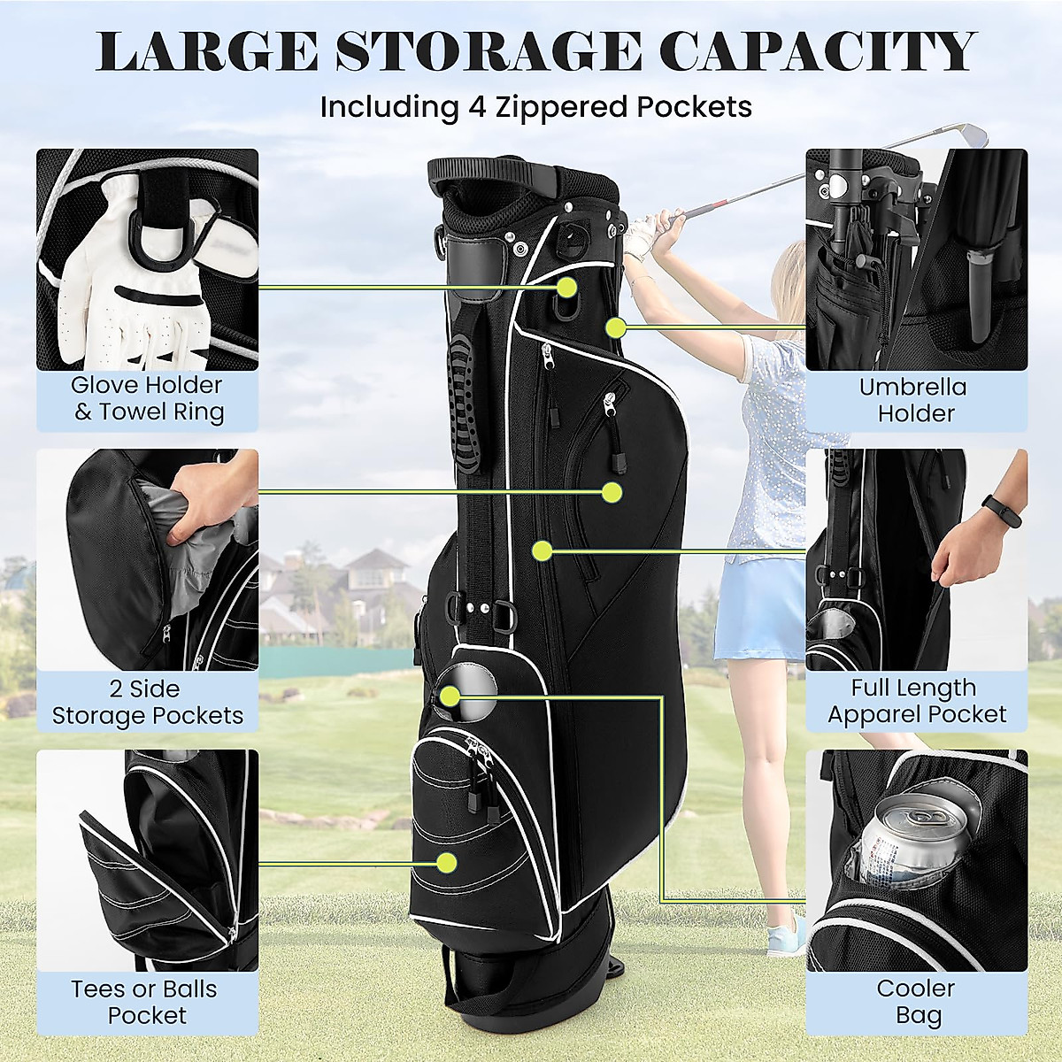 Tangkula Golf Stand Bag, Lightweight Organized Sunday Bag Easy Carry Shoulder Bag with 4 Way Dividers and 4 Pockets, Black