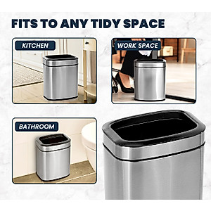 Alpine 10 Liter Small Bathroom Trash Can No Lid - Open Top Stainless Steel Bathroom Trash Can 2.6 Gallon, Slim Silver Trashcans for Bedroom, Office, Desk, Kitchen with Removable Bin for Easy Disposal