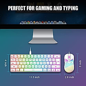 RedThunder 60% Mini Gaming Keyboard and Mouse Combo, Lightweight, Ultra-Compact 61 Keys RGB Backlit,7200 DPI Honeycomb Optical Mouse, Wired Gaming Set for PC MAC PS5 Xbox Gamer(White)